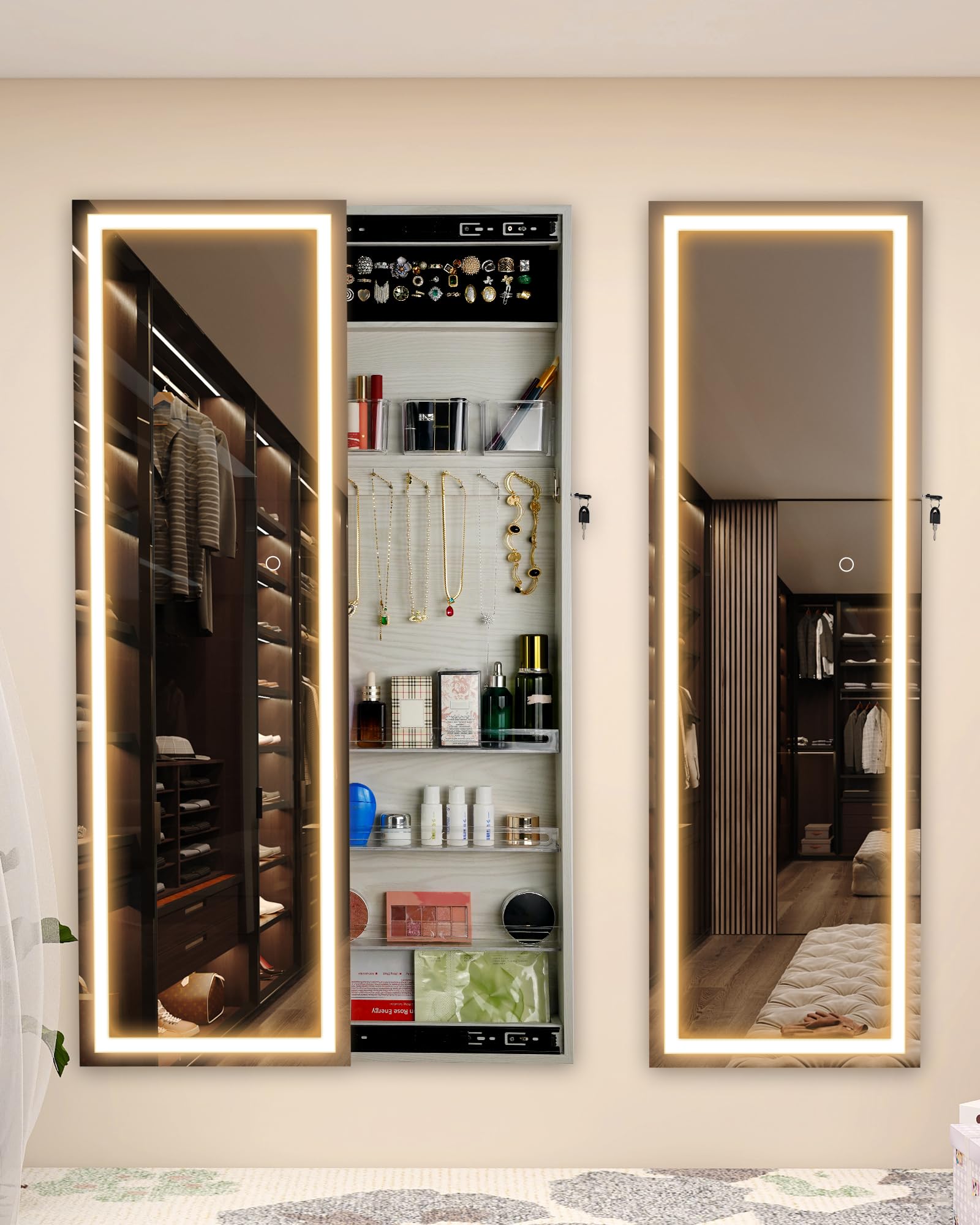 SBAGNO LED Mirror Jewelry Cabinet, Wall Mounted/Door Hanging Mirror ...